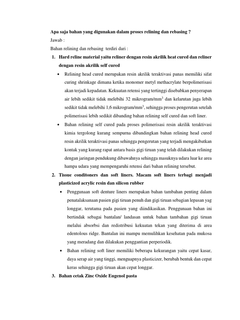 Bahan Yang Digunakan Dalam Proses Relining Dan Rebasing | PDF