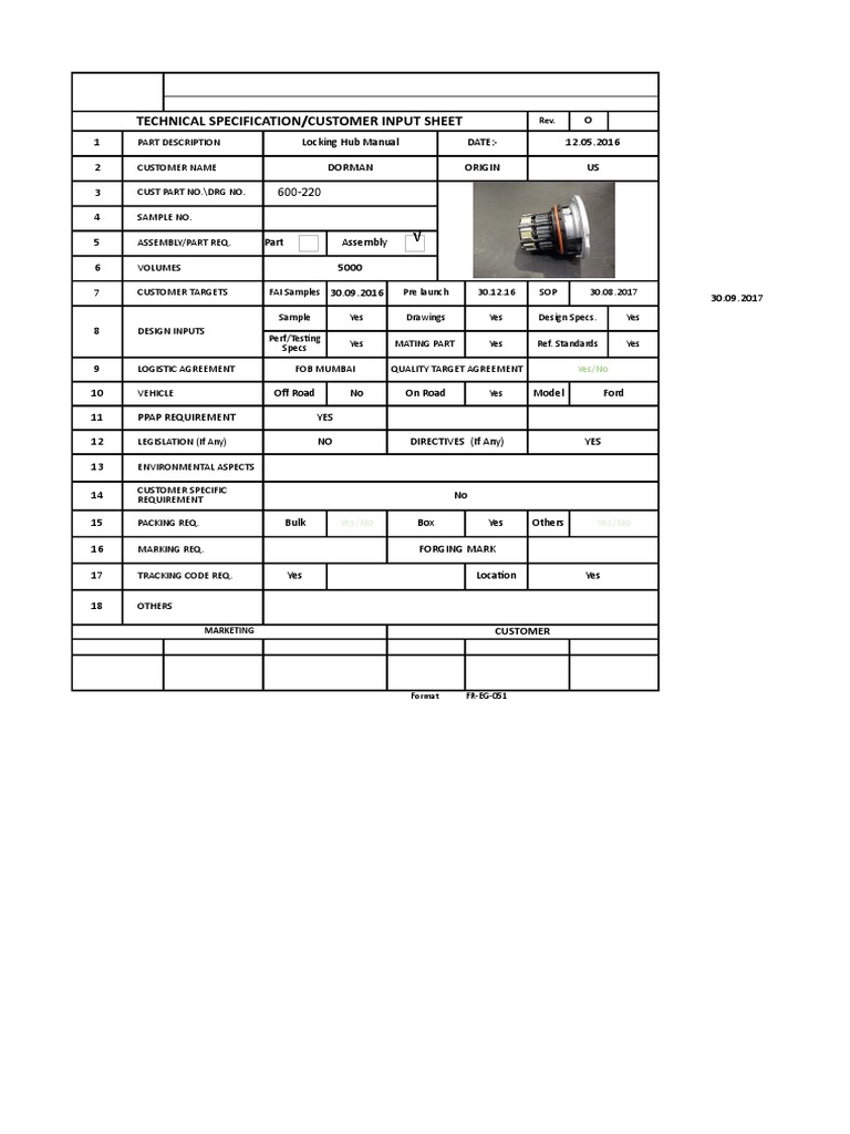 Technical Specification/Customer Input Sheet: Yes/No Yes/No | PDF ...