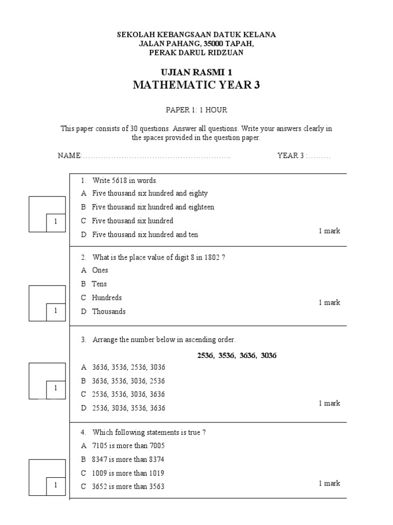 Year 3 Mathematics Exam Paper | PDF | Arithmetic | Teaching Mathematics
