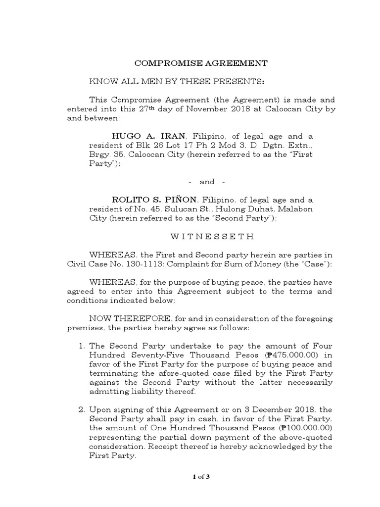 Compromise Agreement for Civil Case Settlement | PDF | Lawsuit ...