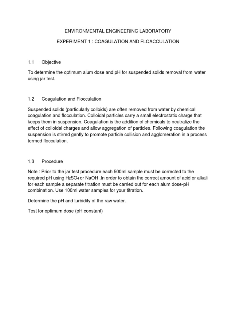 Experiment 1 Coagulation and Flocculation | PDF | Environmental Issues With Water | Materials