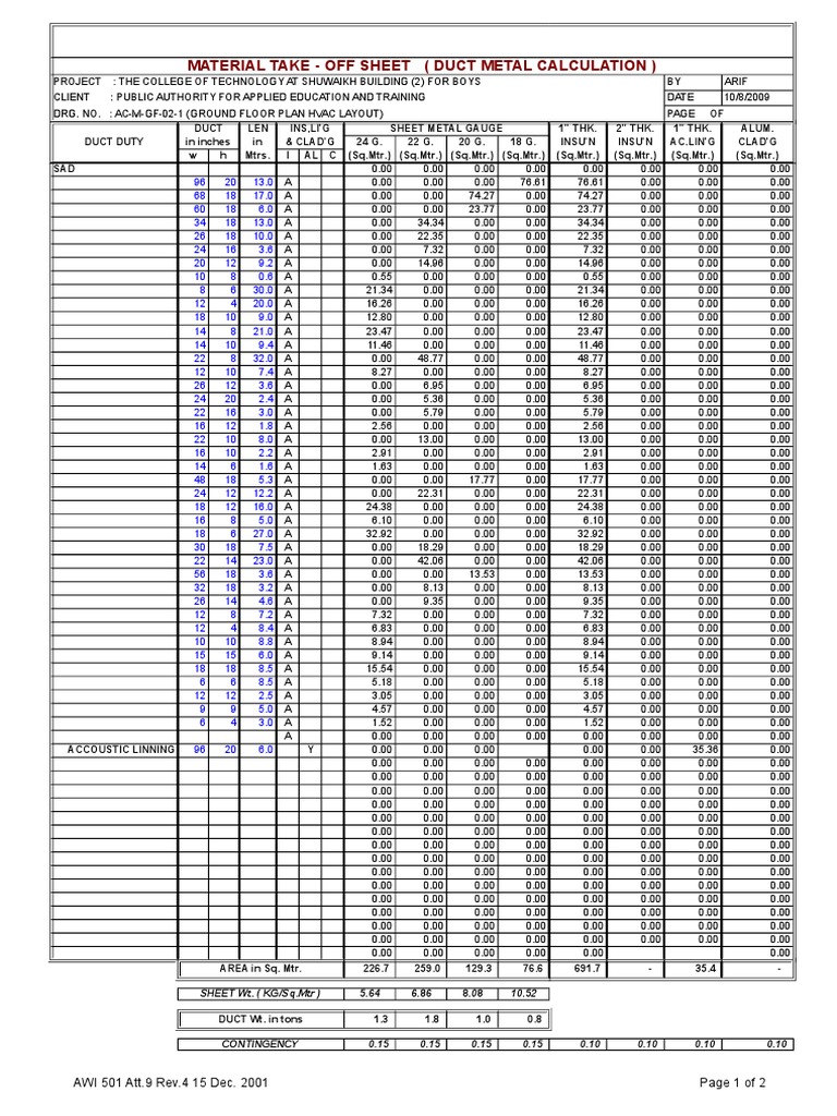 Ductwork Material Requirements and Sizing Calculations for HVAC System ...