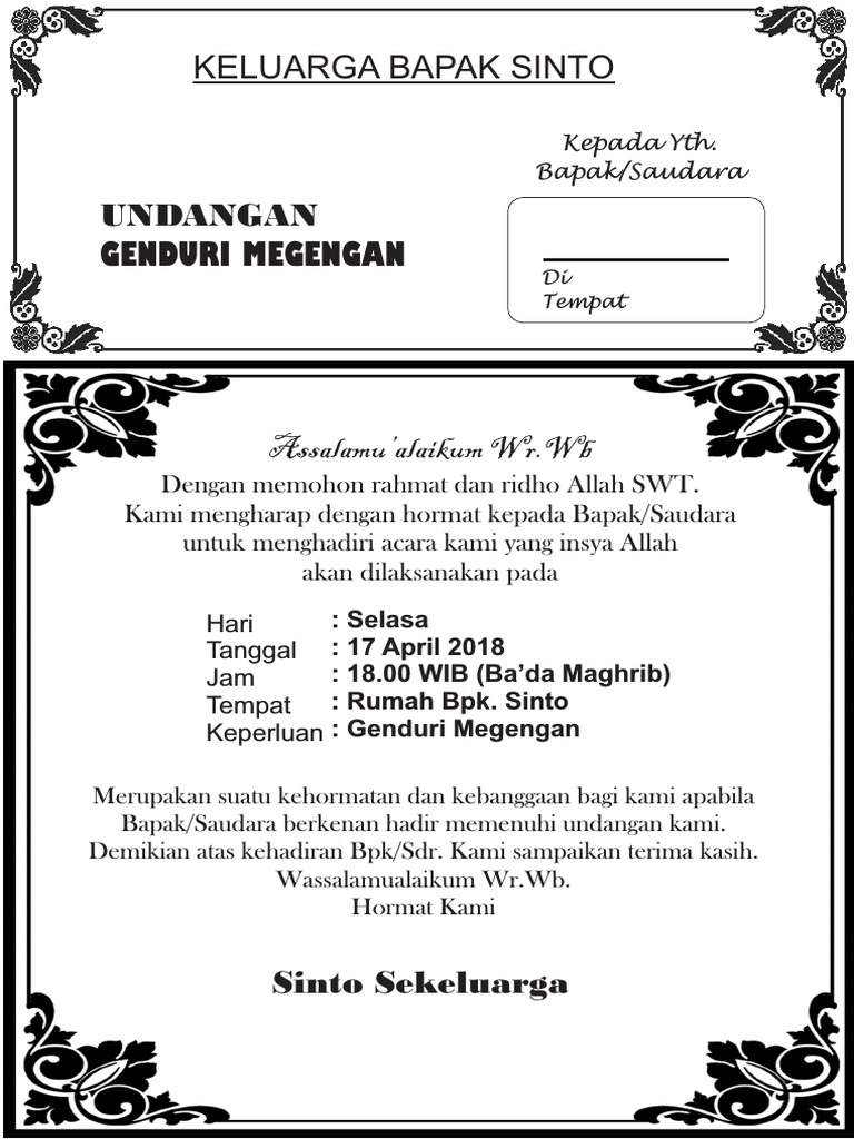 Undangan Genduri Megengan Keluarga Sinto | PDF