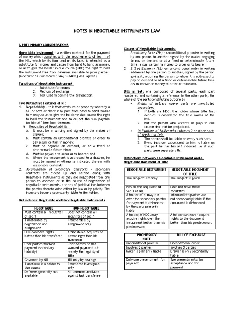 Negotiable Instruments Law Notes | PDF | Negotiable Instrument ...