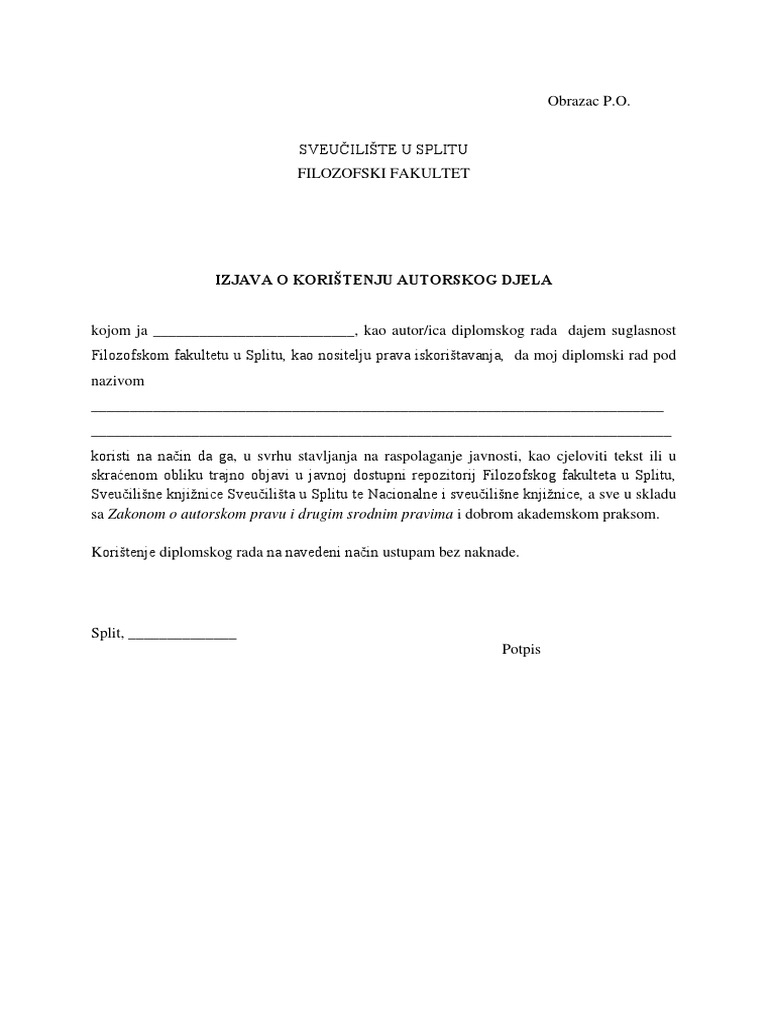 IZJAVA o Suglasnosti Za Koristenje Autorskog Djela | PDF
