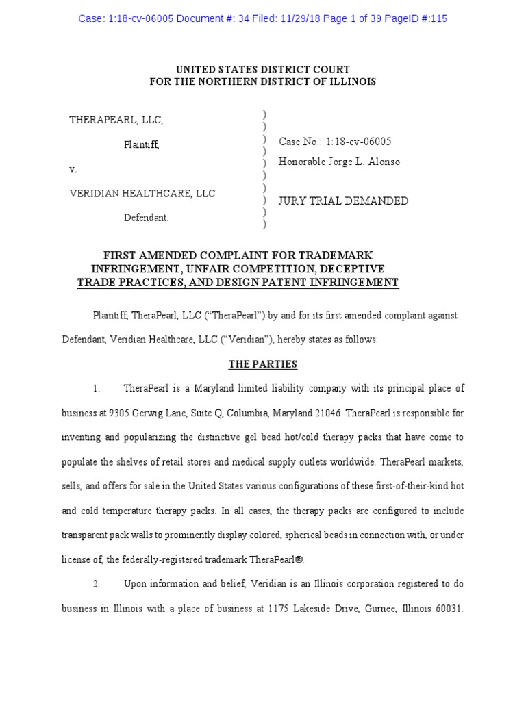 Therapearl v. Veridian - 1st Amended Complaint | PDF | Trade Dress ...