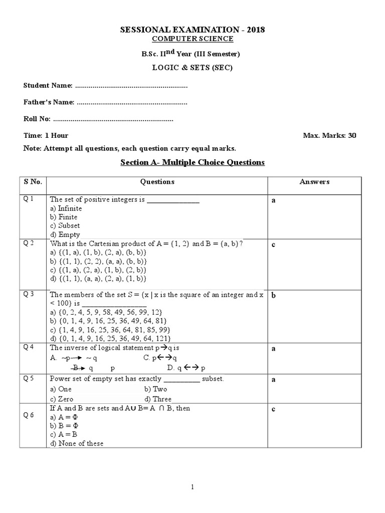 Logic and Sets MCQ | PDF | Integer | Multiple Choice
