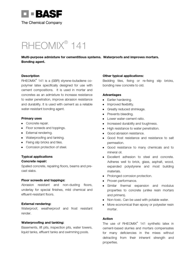 TDS Rheomix 141 | PDF | Concrete | Mortar (Masonry)