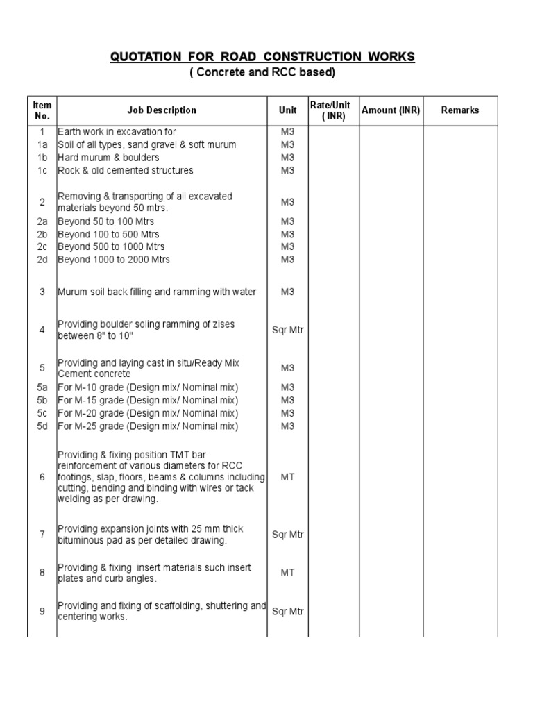 Road Construction Quotation Details | PDF | Road Surface | Concrete