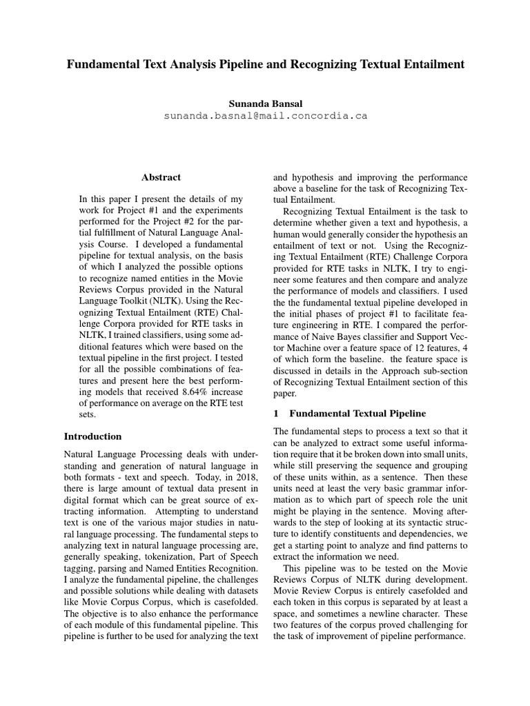 Fundamental Text Analysis Pipeline and Recognizing Textual Entailment | Download Free PDF ...