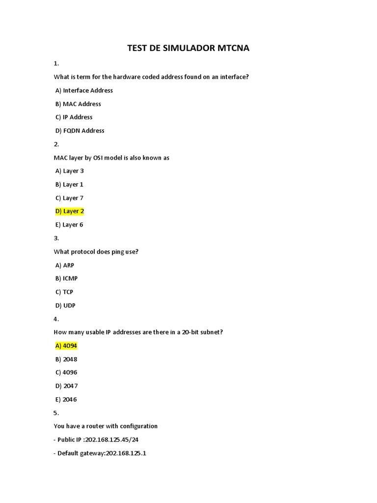 Test de Simulador Mtcna | PDF | Ip Address | Router (Computing)