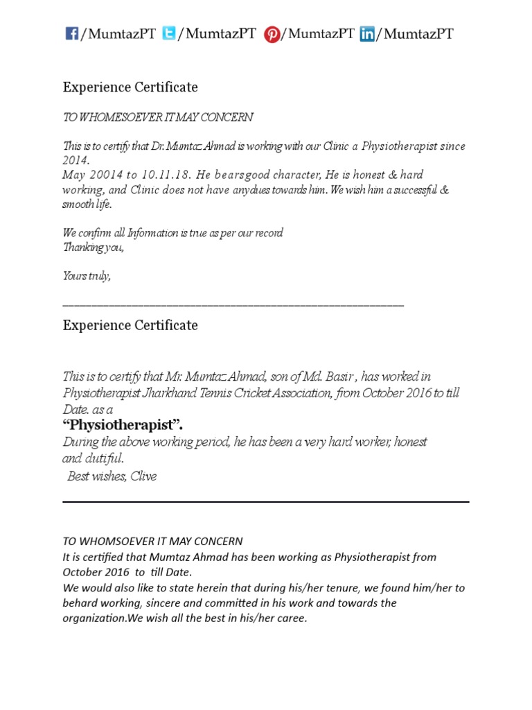 Experience Certificate Format, Physiotherapist/Hospital/Nurshing Home ...
