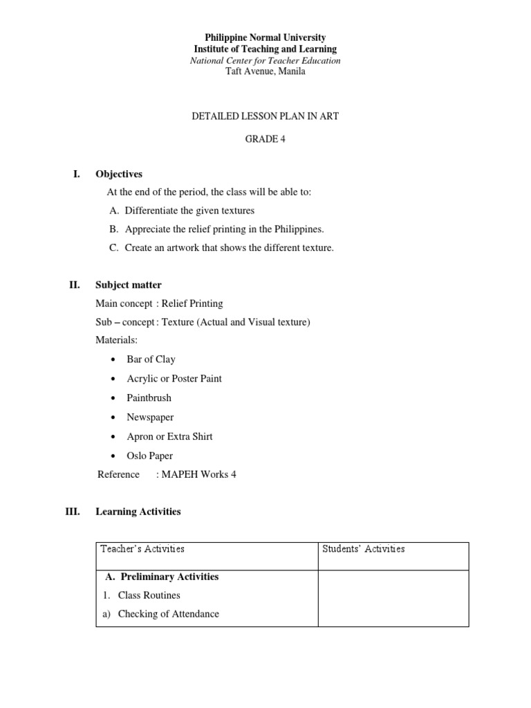 Detailed Lesson Plan in Art Nila Anthony Aya at Angel | Download Free ...