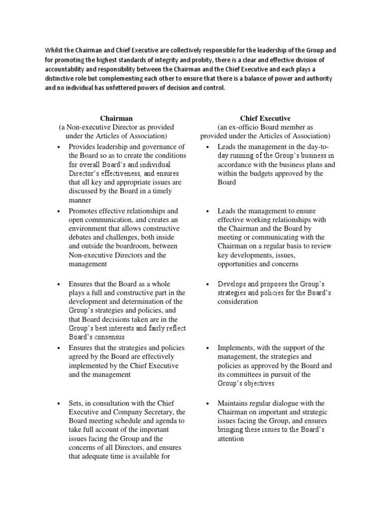 Chairman Vs CEO | PDF | Chief Executive Officer | Board Of Directors