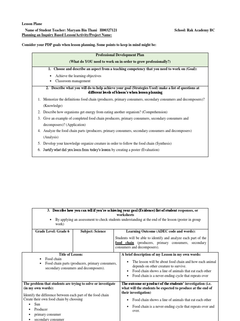 Food Chain Lesson Plan for Grade 6 | PDF | Reading Comprehension | Teachers
