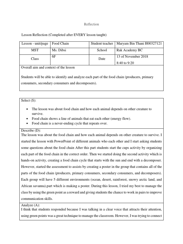 Lesson Reflection Food Chain | PDF | Classroom | Education Theory