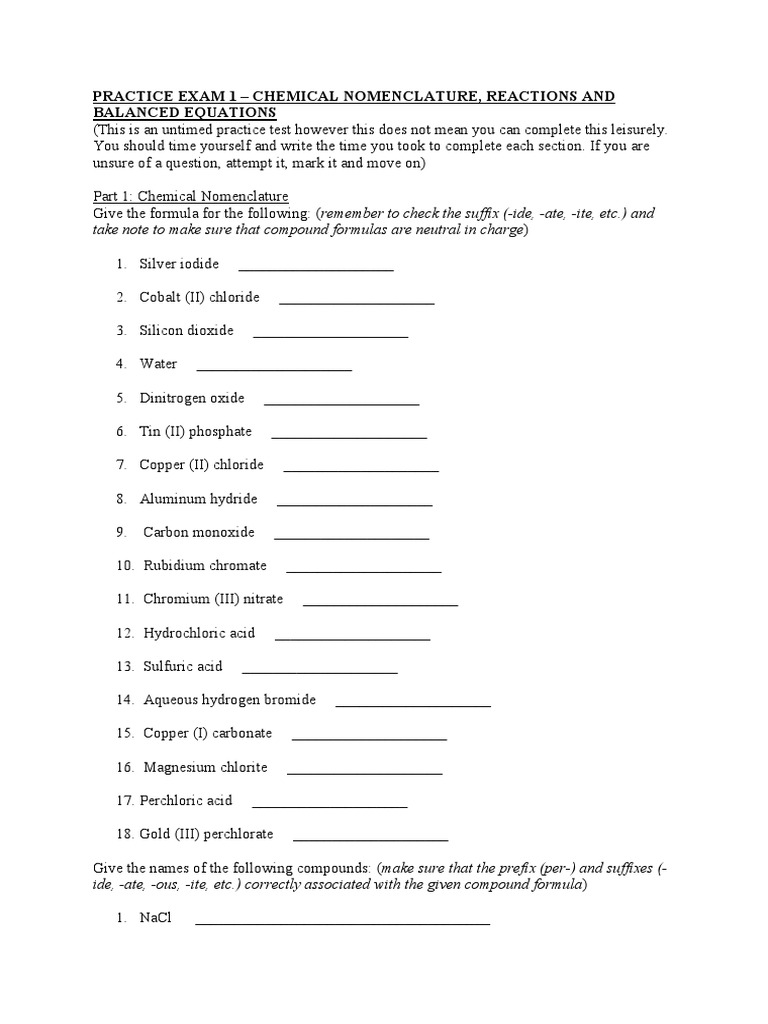 Practice 1 - Chemical Nomenclature and Balanced Reactions | PDF | Acid ...