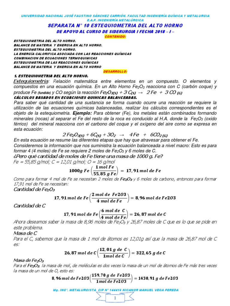 Separata #10 Estequiometria Alto Horno | PDF | Hierro | Estequiometría