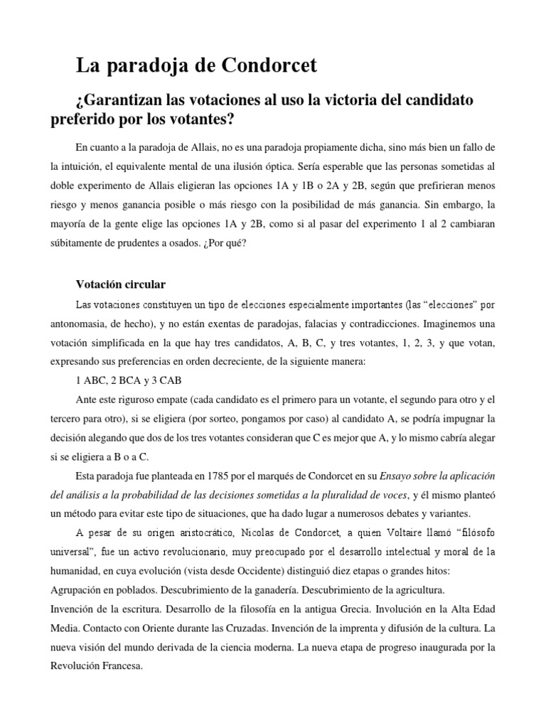La Paradoja de Condorcet | PDF | Votación | Elecciones