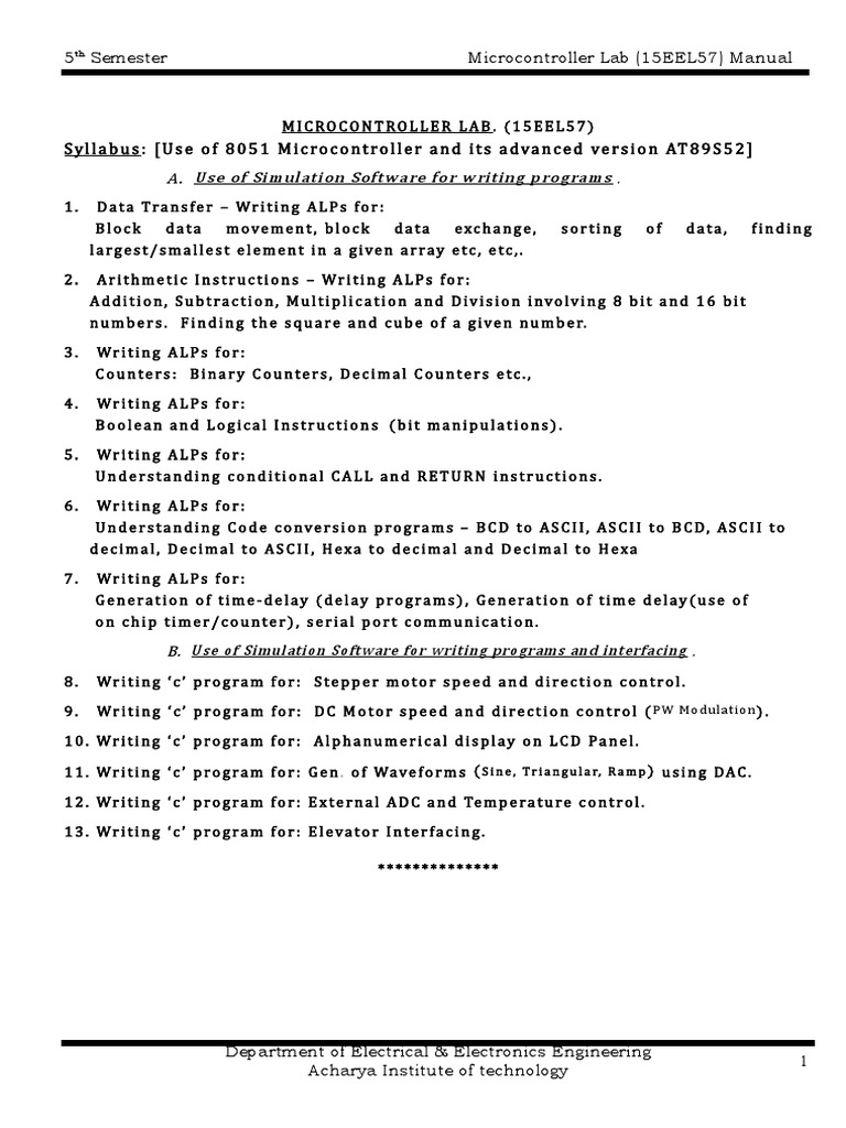 Microcontroller Lab Manual 2018-19 5th Sem | PDF | Subtraction ...