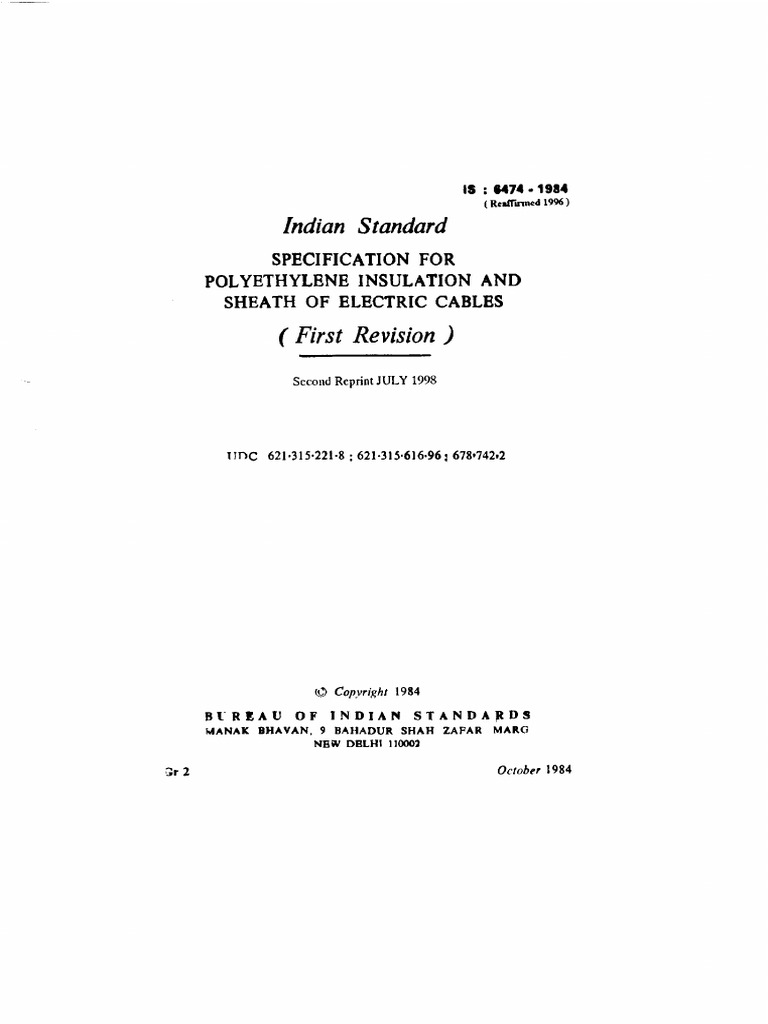 IS 6474 - 1984 Polythine Insulation & Sheath of Ele Cables PDF | PDF