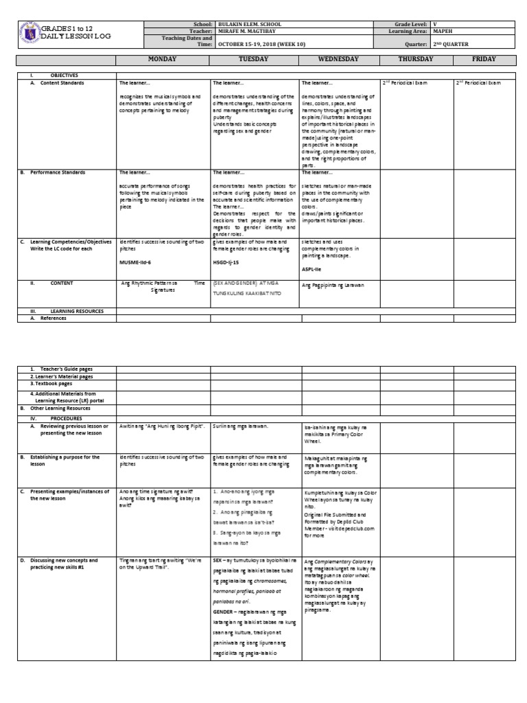 DLL - Mapeh 5 - Q2 - W10 | PDF