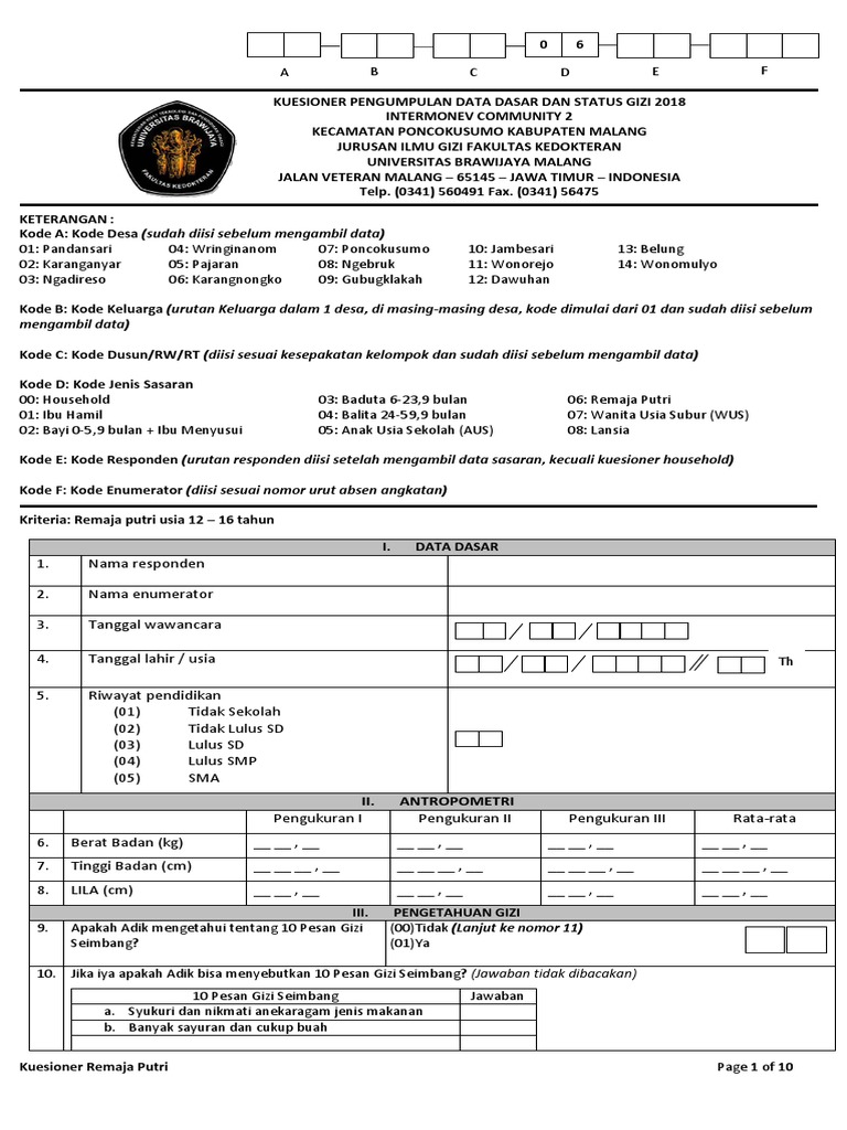 Kuesioner Remaja Putri Rev PJ 1 | PDF