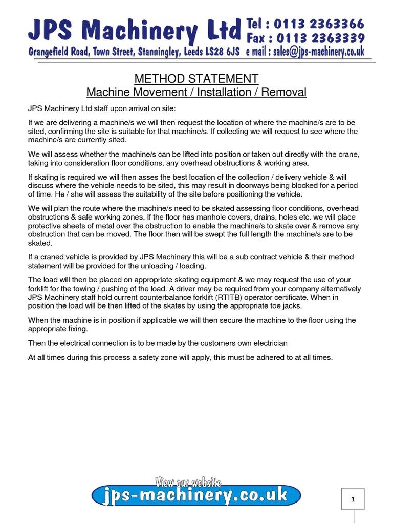Method Statement Machine Movement / Installation / Removal | PDF ...