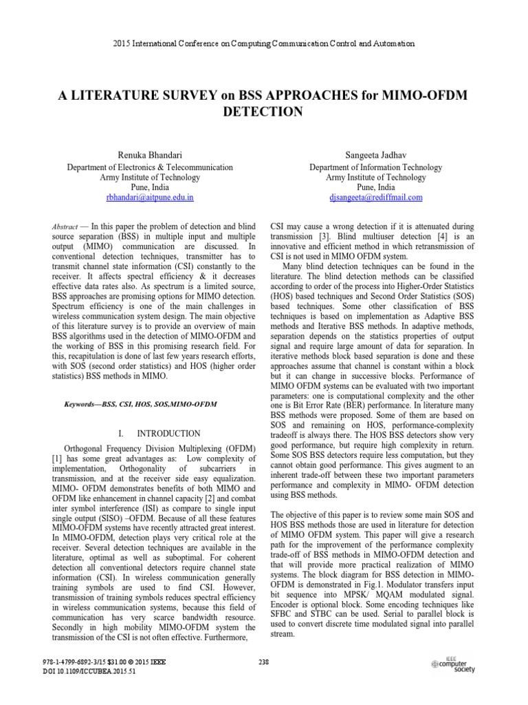 A Literature Survey On Bss Approaches For Mimo Ofdm Detection Pdf