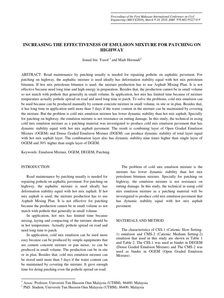 Increasing The Effectiveness of Emulsion Mixture For Patching On Highway | PDF | Asphalt | Road ...