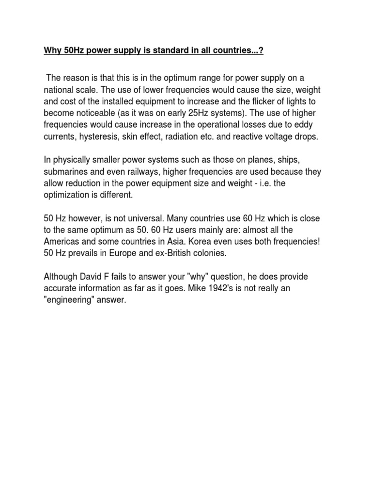 Why 50Hz Power Supply Is Standard in All Countries | PDF | Power Supply ...