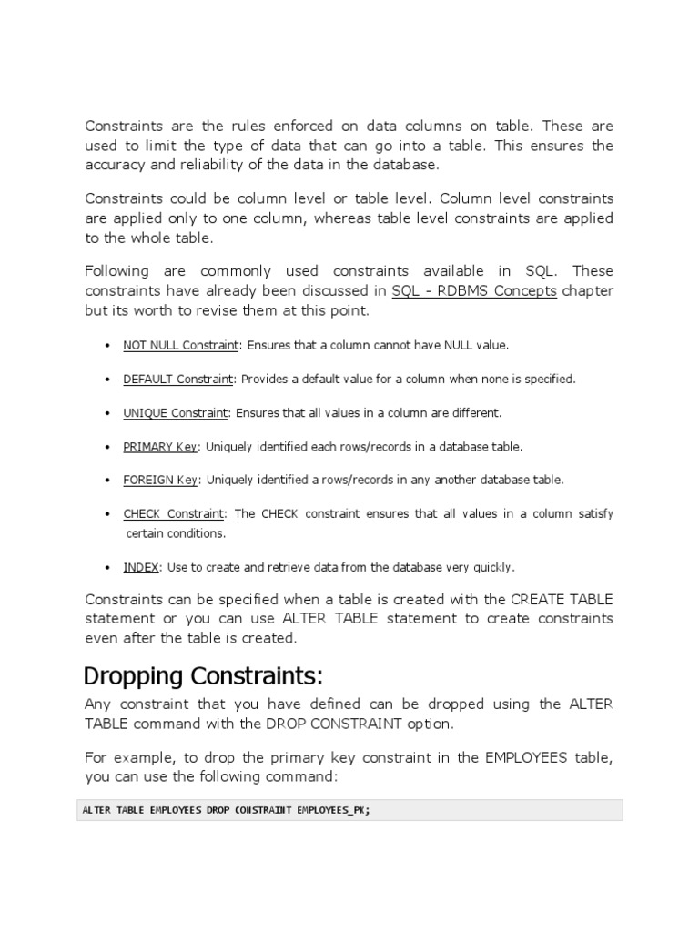 Dropping Constraints:: Alter Table Employees Drop Constraint Employees ...