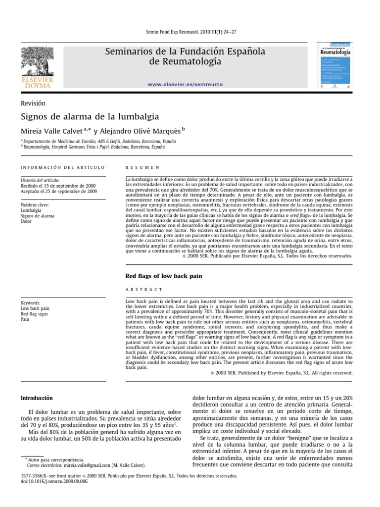 Lumbago Banderas Rojas | PDF | Dolor lumbar | Diagnostico medico