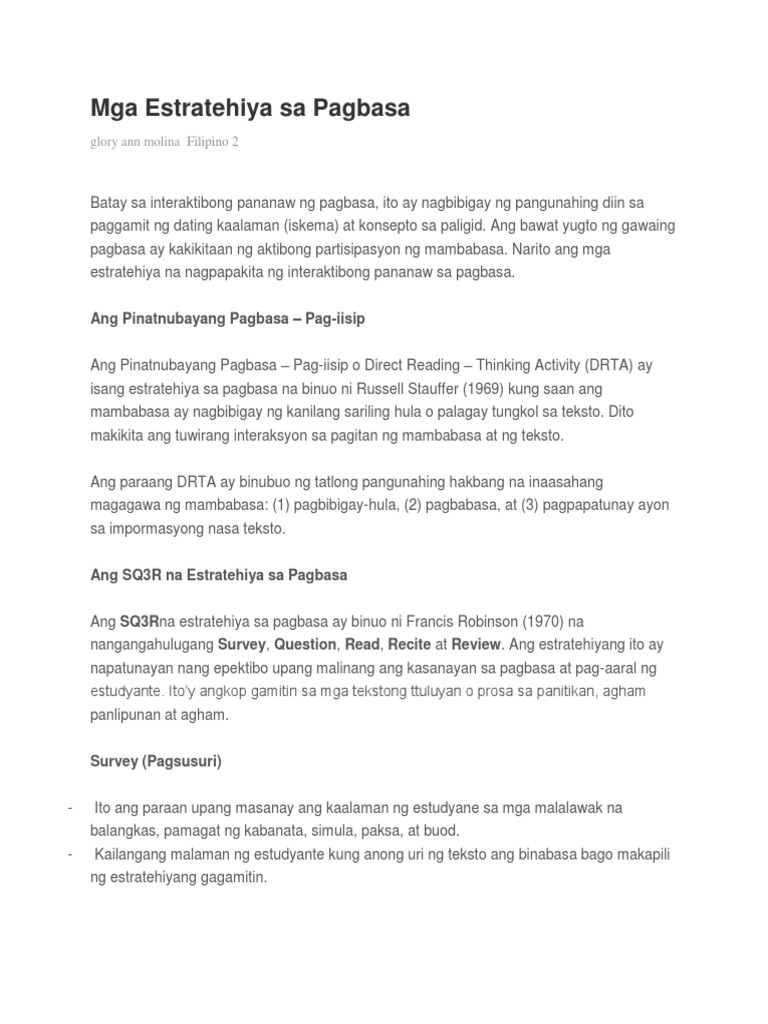 Mga Estratehiya Sa Pagbasa | PDF