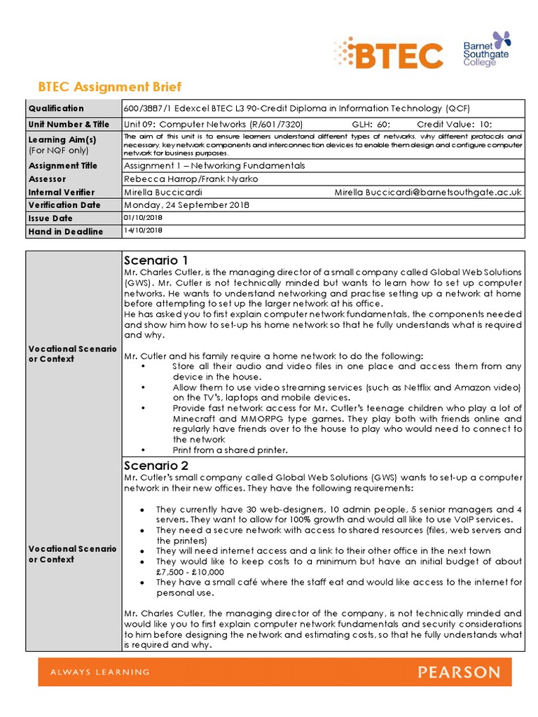 Unit 09 Assignment 1 Networking Fundamentals 201819 | PDF | Local Area ...