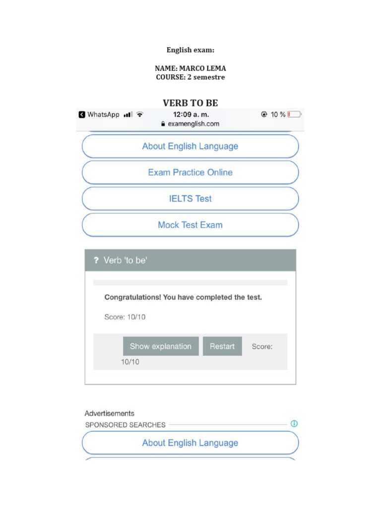 Verb To Be: English Exam: Name: Marco Lema COURSE: 2 Semestre | PDF