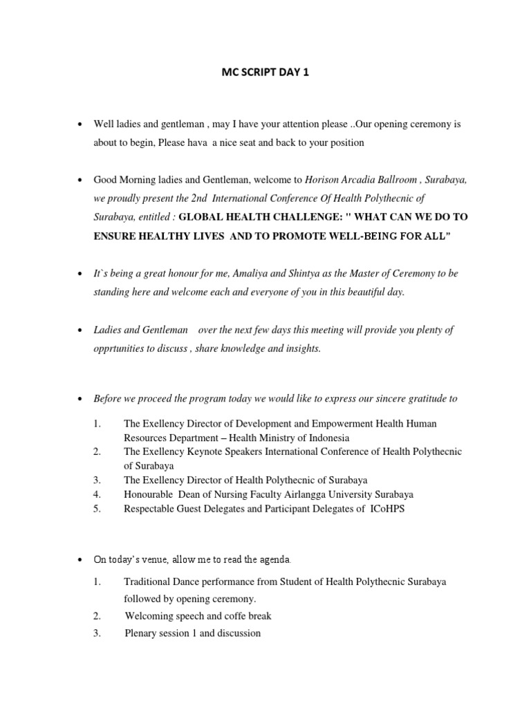 MC Script Day 1: Ensure Healthy Lives and To Promote Well-Being For All ...