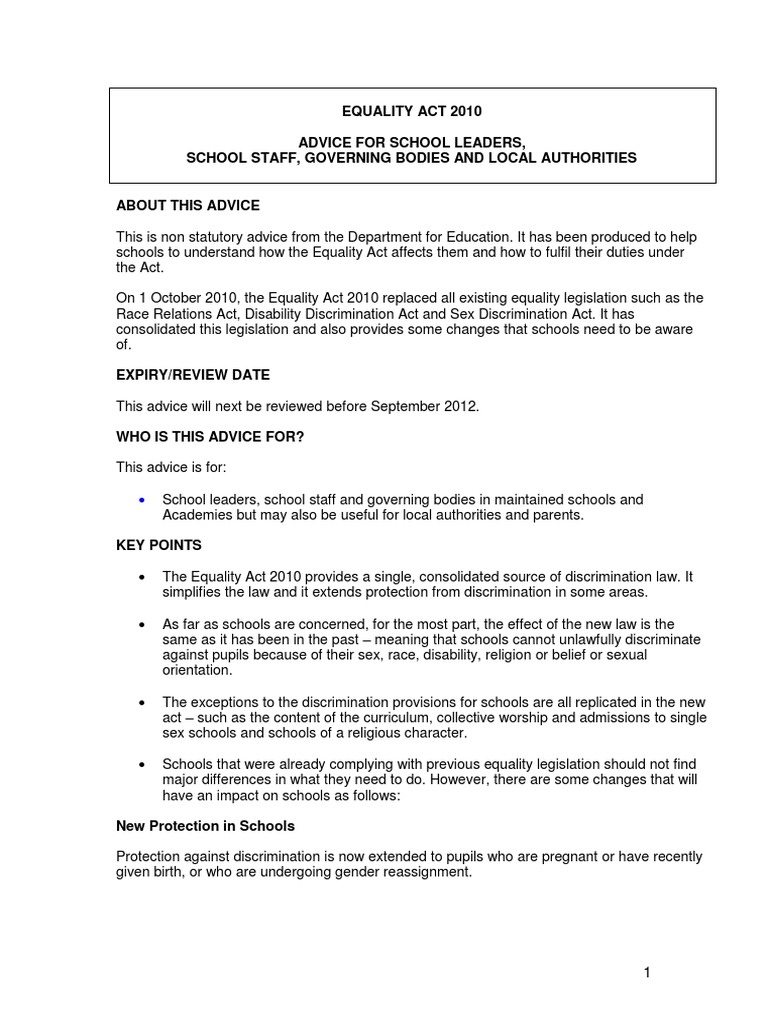 Equality Act 2010 Guidance for Schools | PDF | Discrimination | Gender ...
