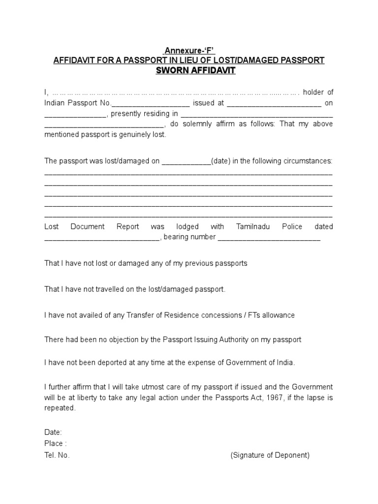 Sworn Affidavit: Annexure - F' Affidavit For A Passport in Lieu of Lost/Damaged Passport | PDF