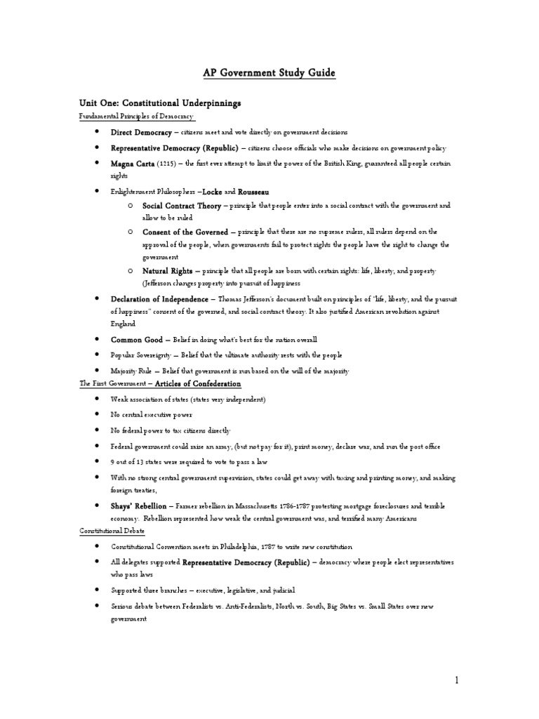 AP Government Study Guide: Unit One: Constitutional Underpinnings | PDF ...
