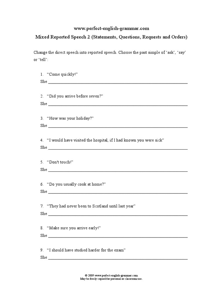 Reported Speech Mixed Exercise 2 PDF | PDF