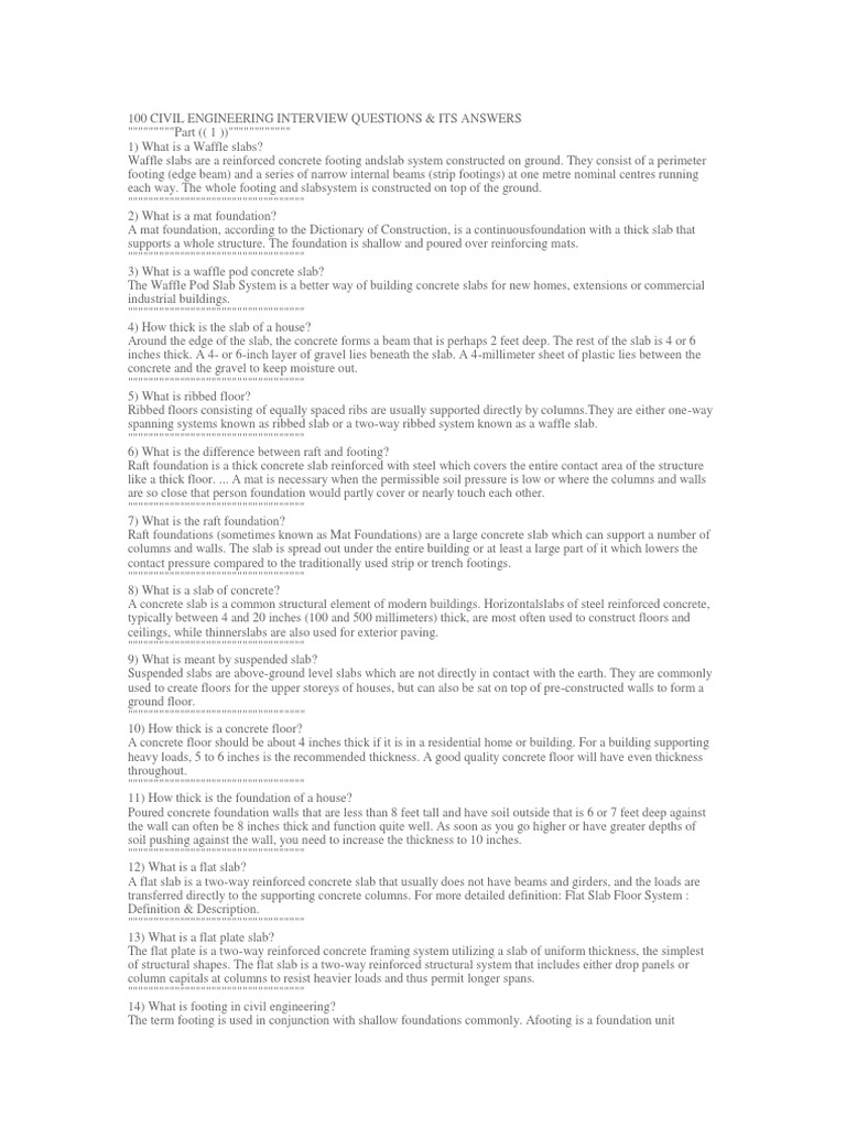 100 Civil Engineering Interview Questions | PDF