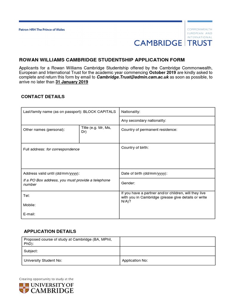 Rowan Williams Cambridge Studentship Application Form | PDF ...