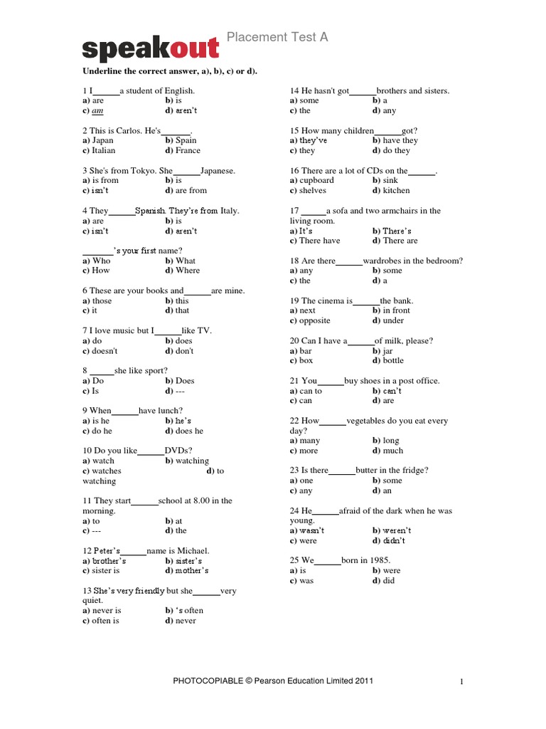 Placement Test A: PHOTOCOPIABLE © Pearson Education Limited 2011 | PDF