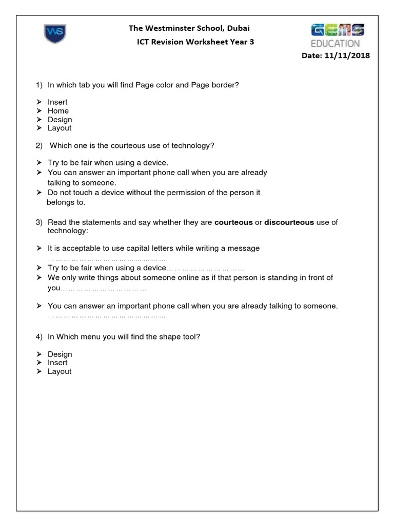 ICT Revision Worksheet 1 First Term | PDF | Text | Software