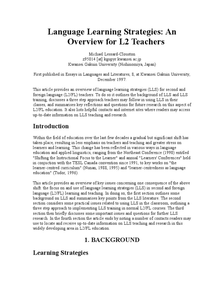 Language Learning Strategies Overview for L2 Teachers | PDF | Second ...