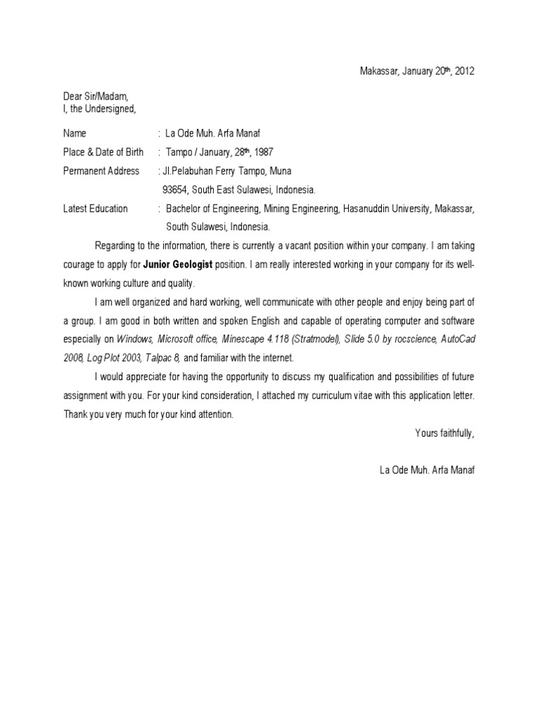 Application Letter Junior Geologist | PDF