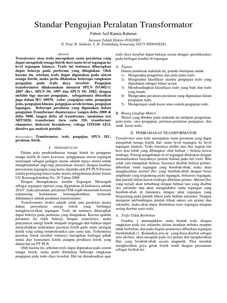 Makalah Standar Pengujian Transformator | PDF