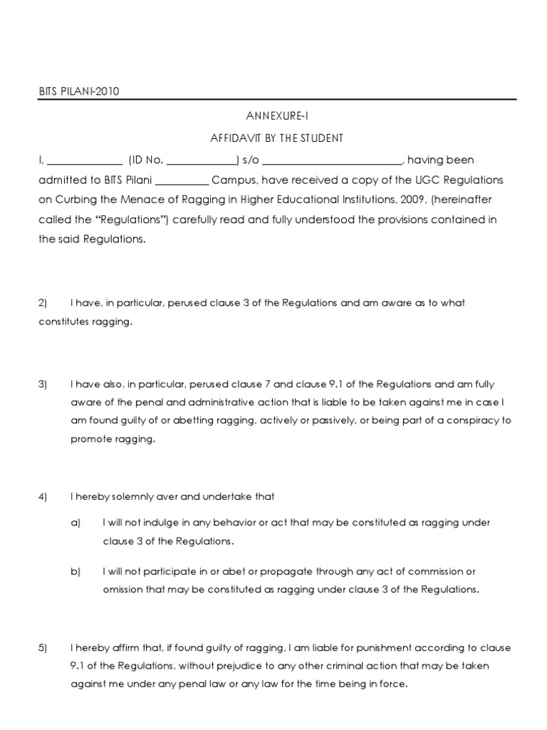 Anti Ragging Affidavit Form | PDF | Affidavit | Government Information