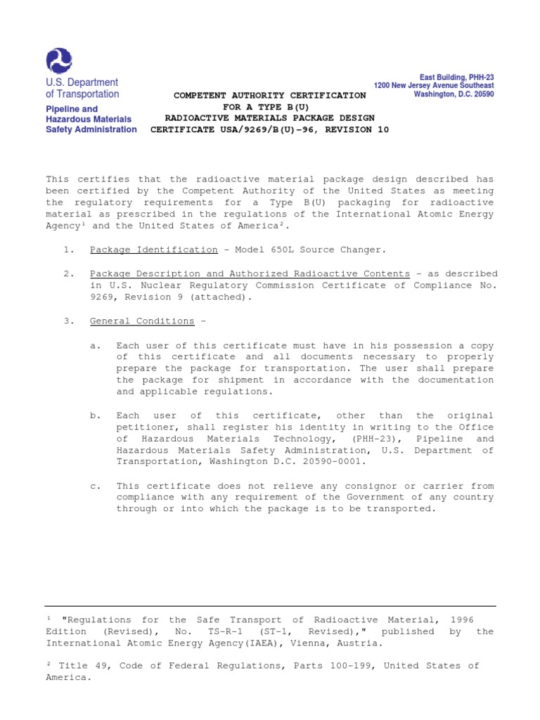 Competent Authority Certification For A Type B (U) Radioactive ...